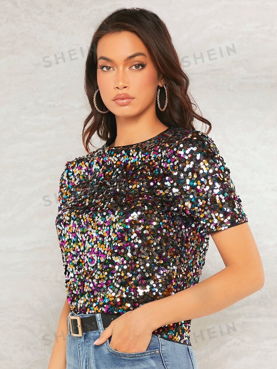SHEIN BAE Keyhole Back Sequin Top | SHEIN UK