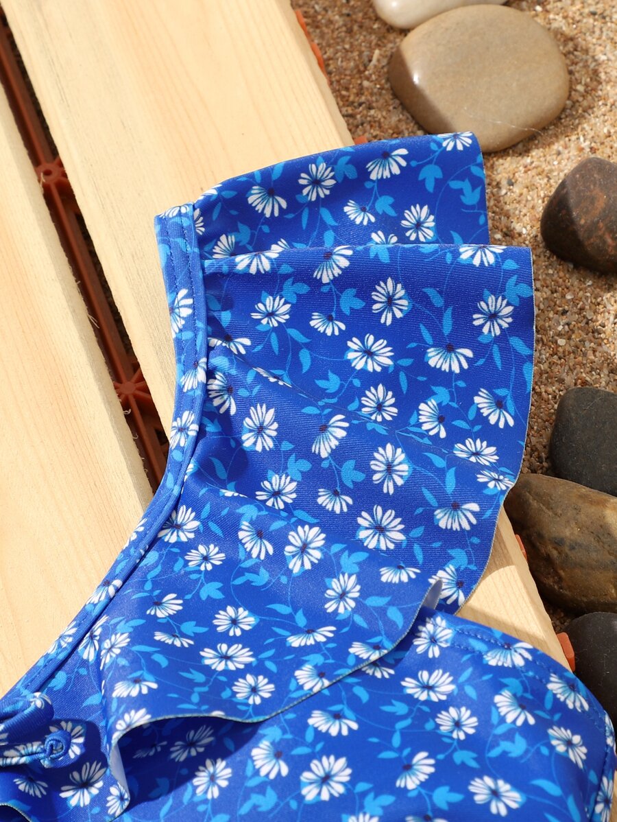 Tween Girl Ditsy Floral Print Ruffle Trim One Piece Swimsuit Shein Usa