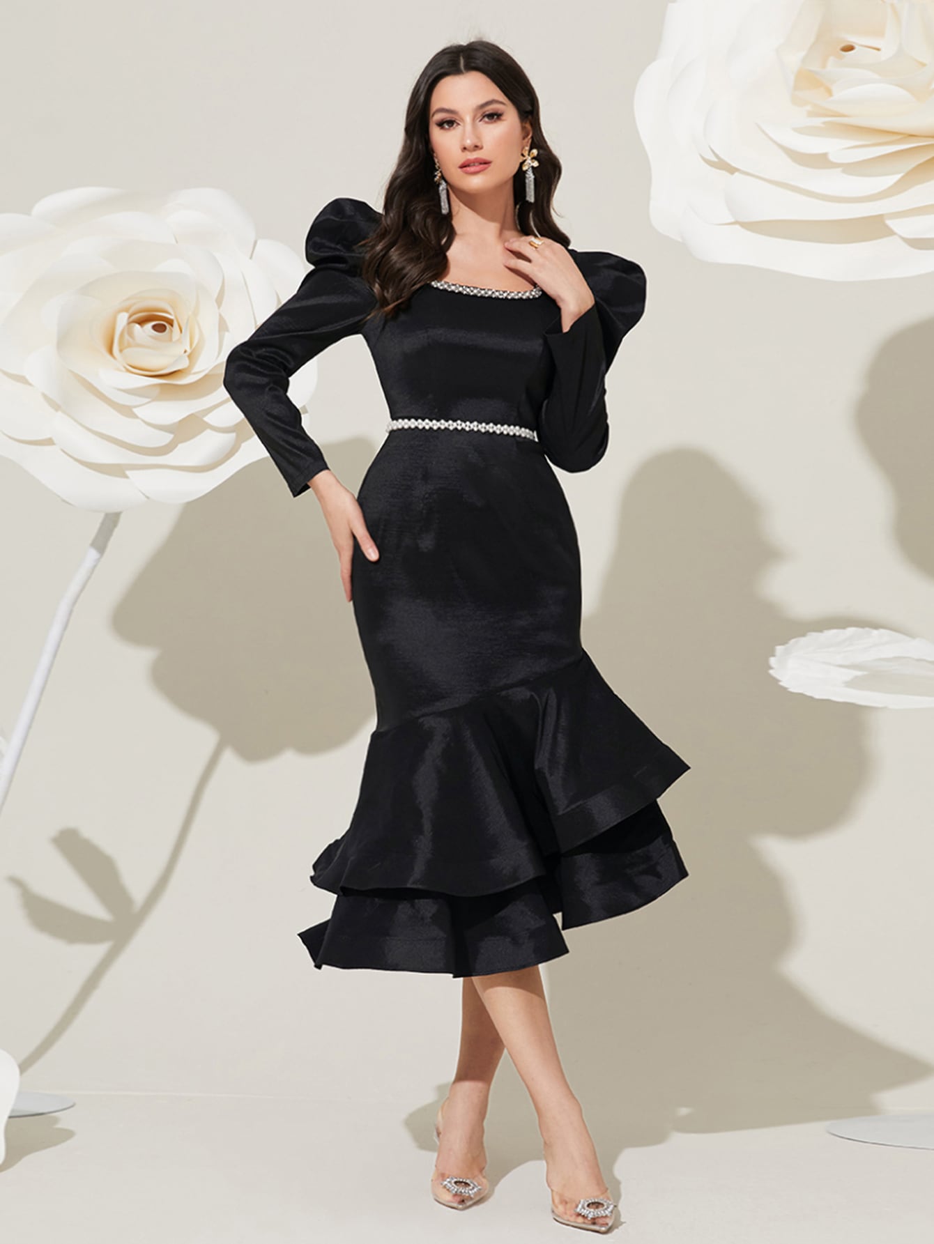 Shein Modely Gigot Sleeve Mermaid Hem Satin Dress Without Belt Shein Uk