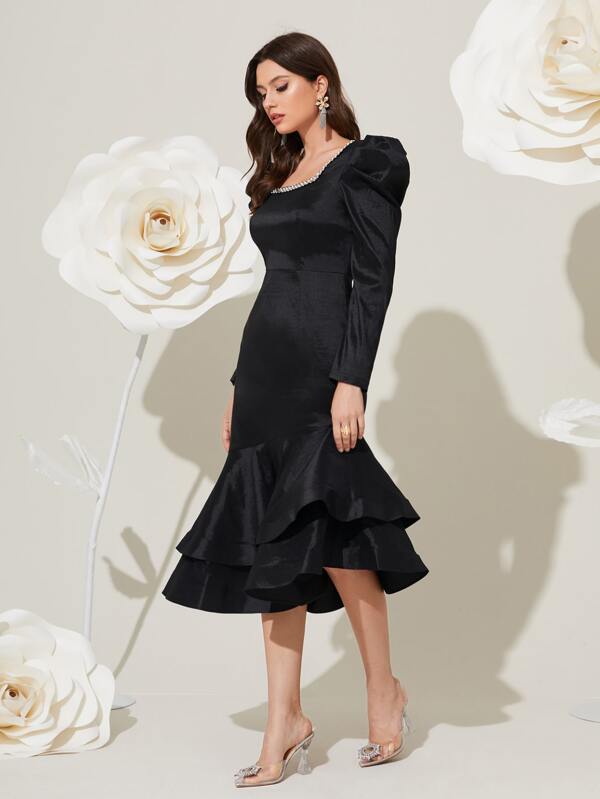 Shein Modely Gigot Sleeve Mermaid Hem Satin Dress Without Belt Shein Uk