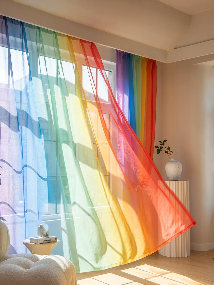 Rainbow Striped Pattern Single Panel Sheer Curtain, Colorful Ombre Mesh ...