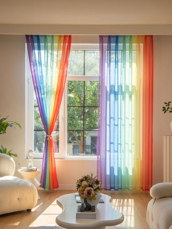 Rainbow Striped Pattern Single Panel Sheer Curtain, Colorful Ombre Mesh ...