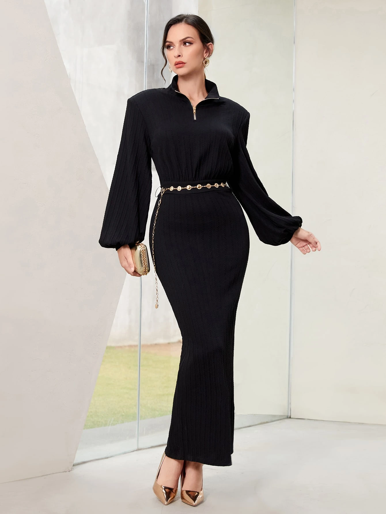 Shein Modely Figurbetontes Kleid Mit Schulterpolster Laternenärmeln