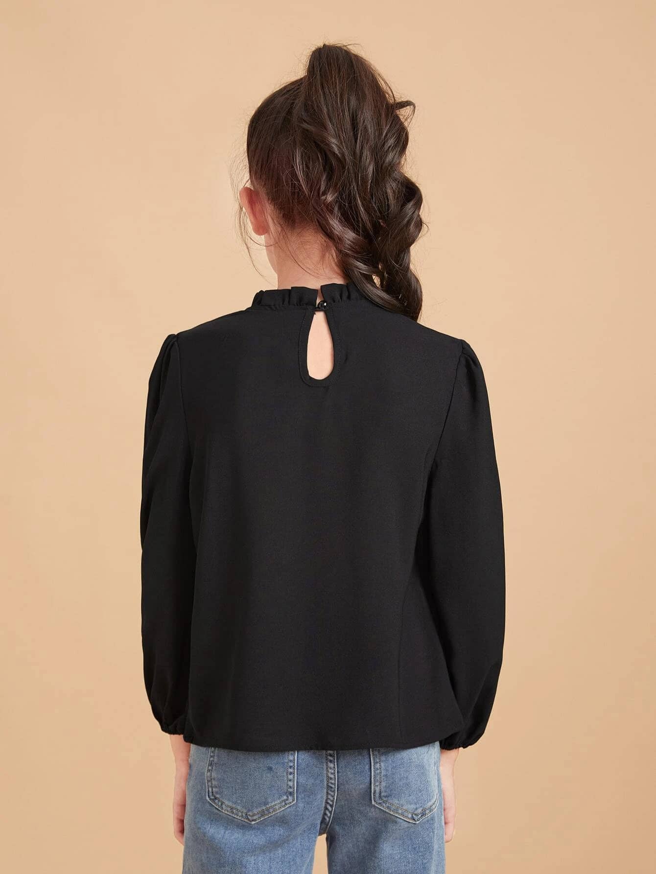 Tween Girl Frilled Neck Keyhole Back Blouse | SHEIN USA