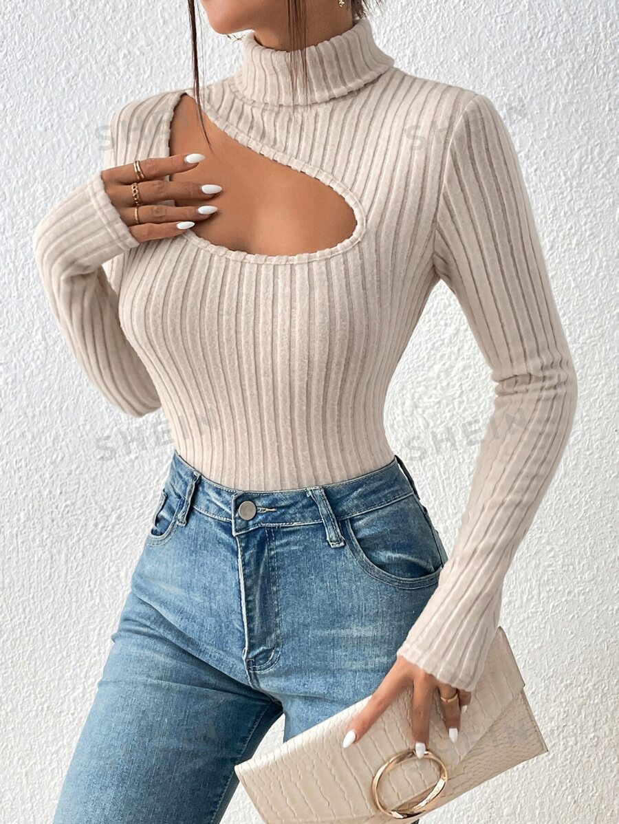 SHEIN Frenchy Concert Ribbed Knit Cut Out Front Turtle Neck Bodycon Tee ...