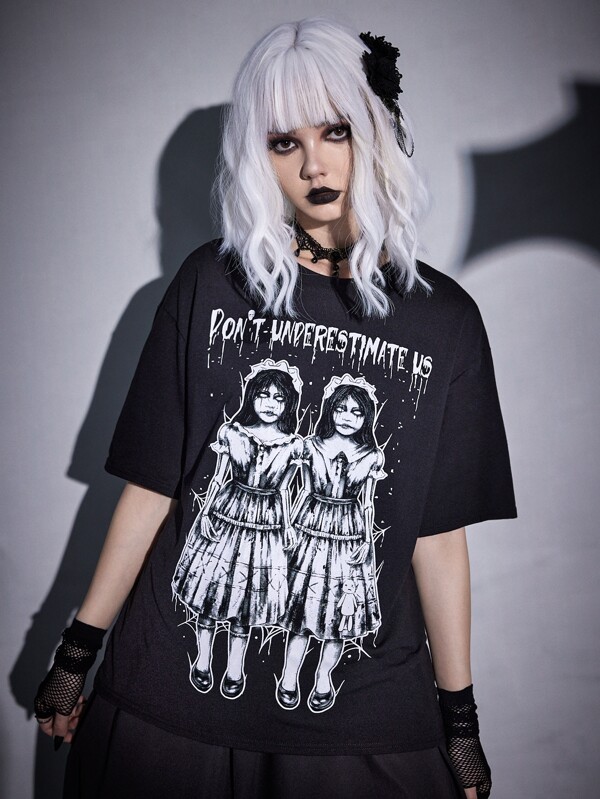 Goth Slogan Figure Graphic Drop Shoulder Tee | SHEIN USA