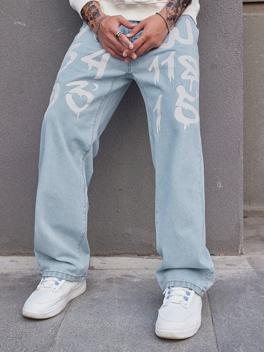 Manfinity EMRG Loose Fit Men's Blue Denim Jeans With Printed Letters ...