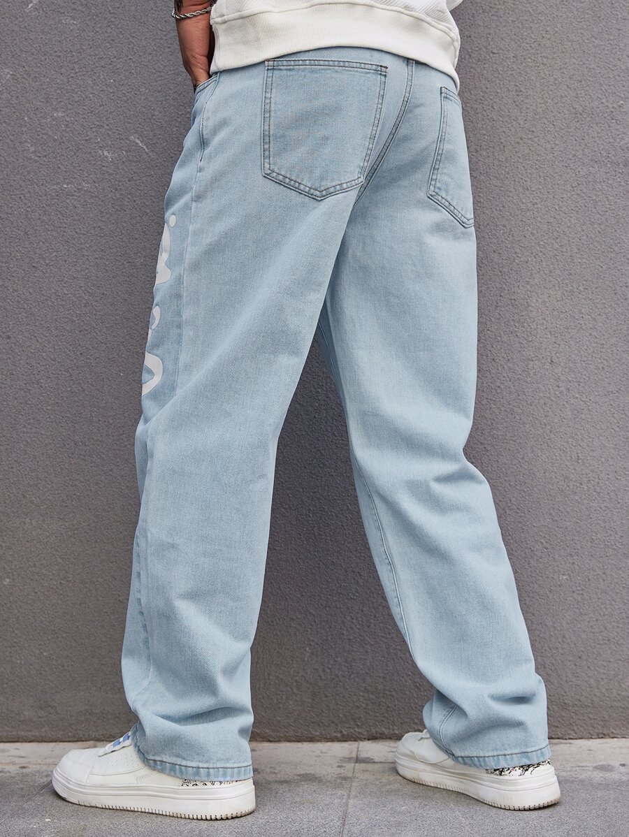 Manfinity EMRG Loose Fit Men's Blue Denim Jeans With Printed Letters ...