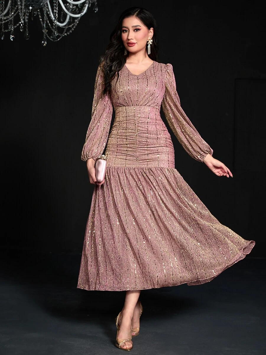 Modelyn V Neck Ruched Mesh Glitter Dress | SHEIN USA