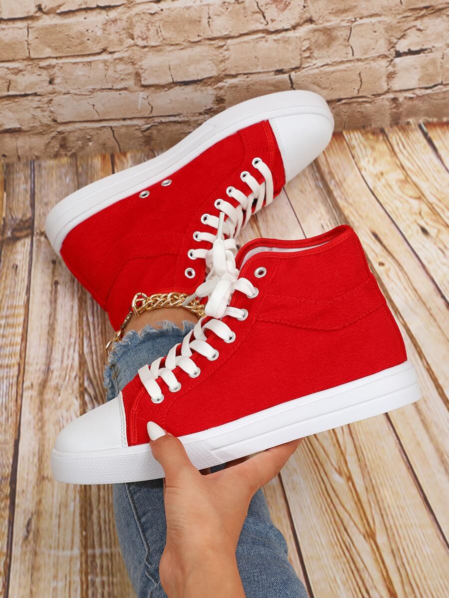 High Top Lace-up Front Canvas Shoes, Red High-top Canvas Sneakers For ...