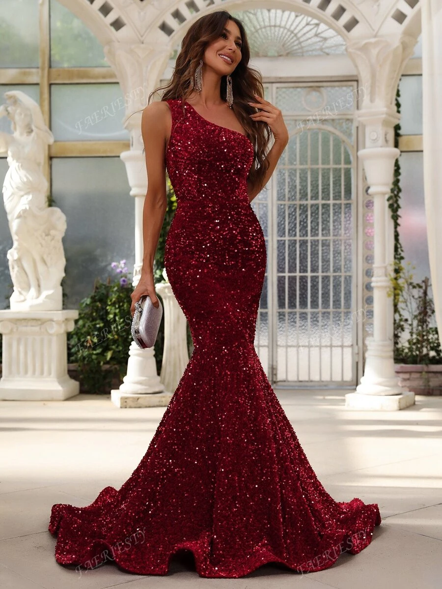 Elegant Asymmetrical Neck Gown With Glittering Sequin & Elegant Fish ...