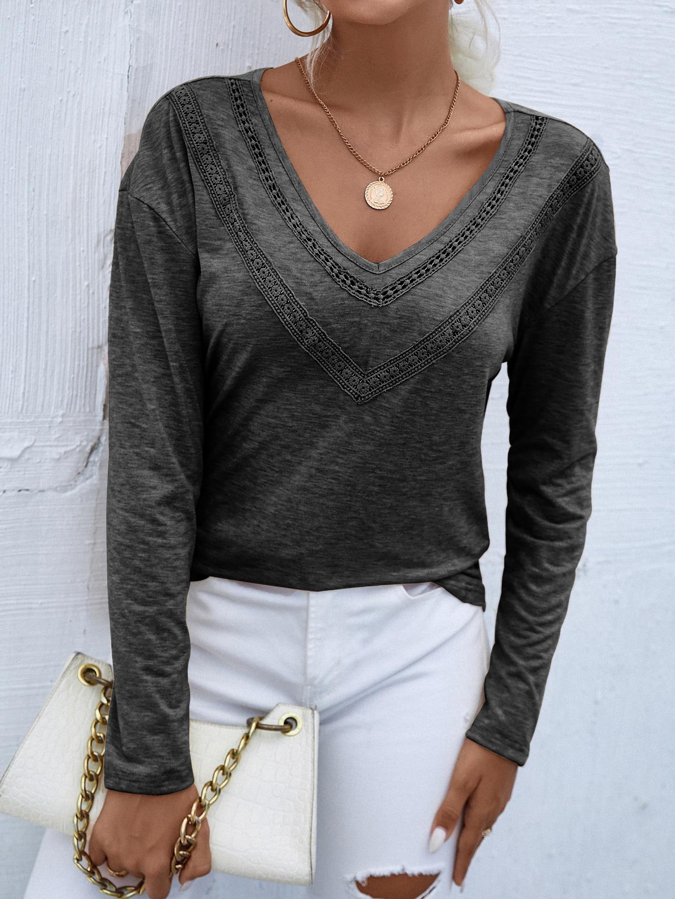 SHEIN LUNE Solid V Neck Drop Shoulder Tee | SHEIN USA