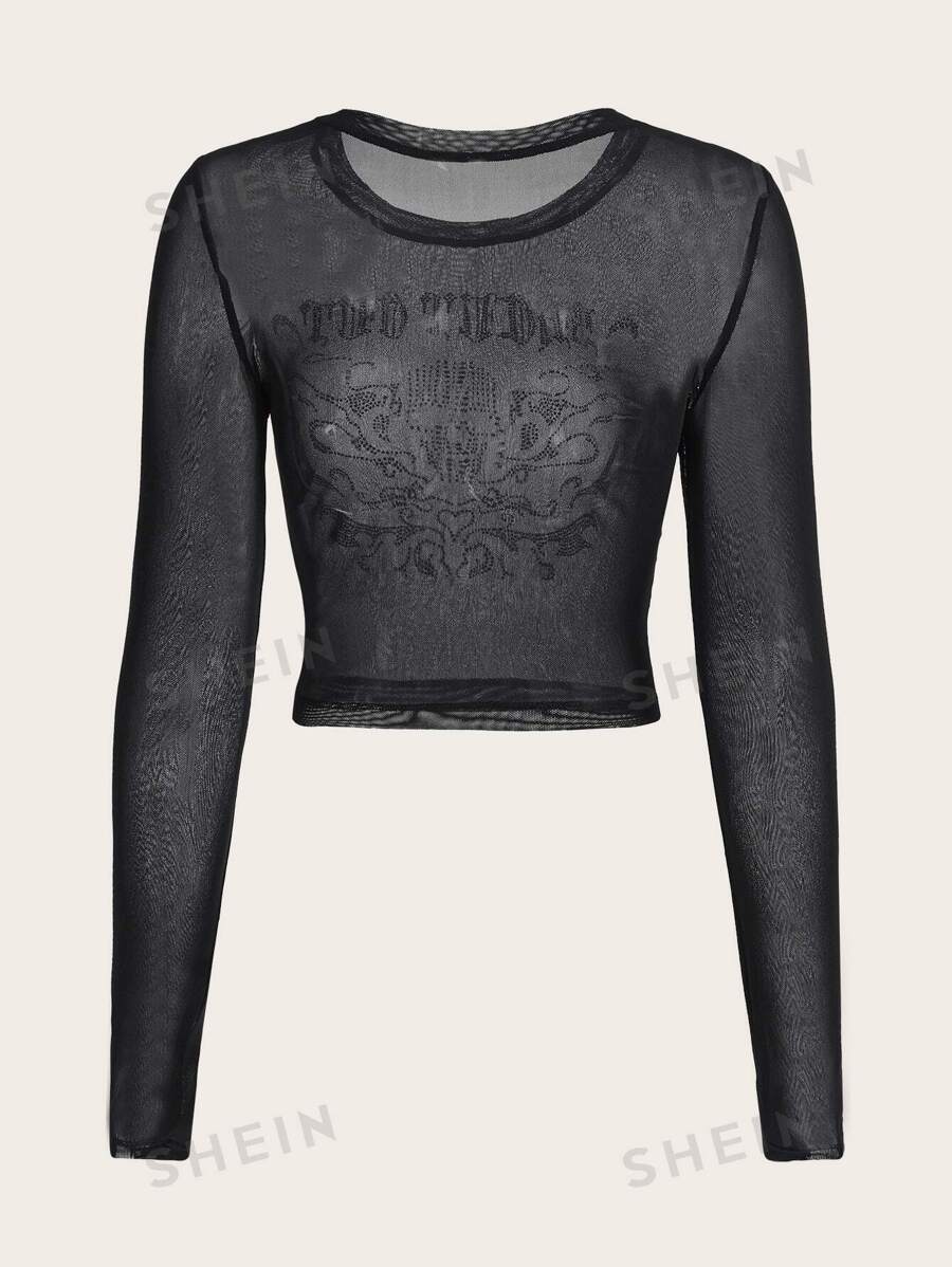 Shein Icon Letter And Skull Pattern Sheer Mesh Crop Top Without Bra