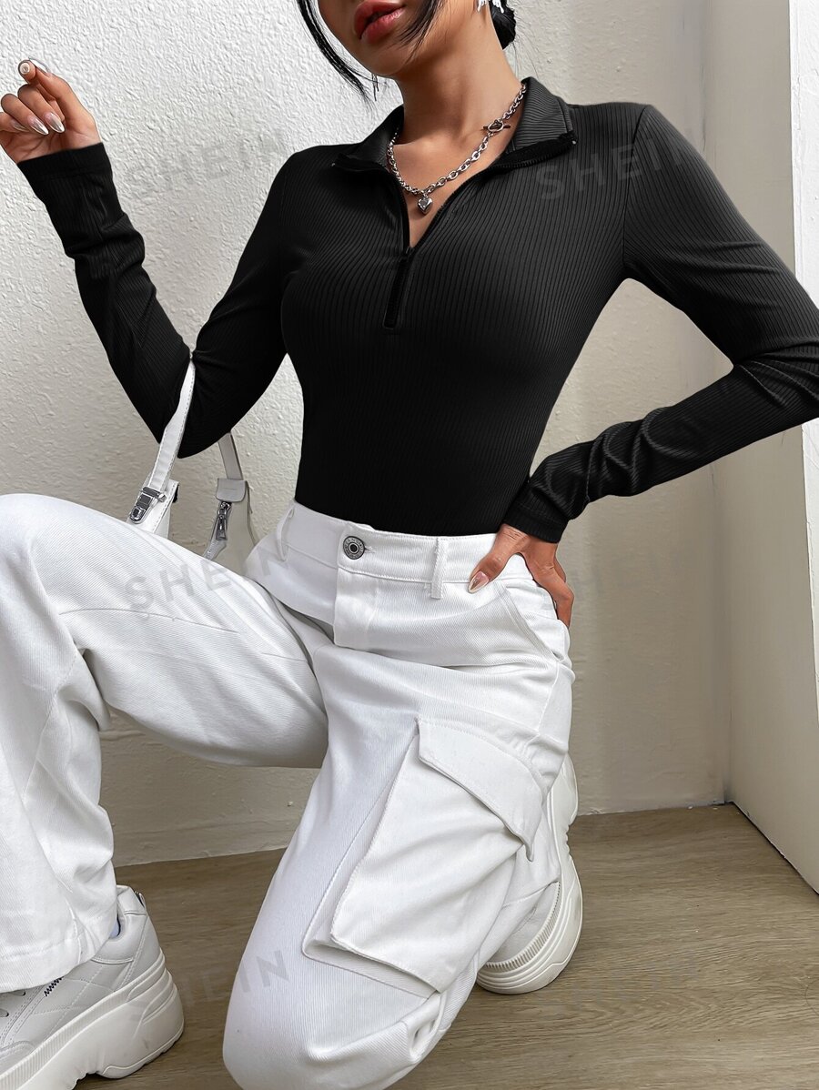 Shein Ezwear Spring Black Y2k Half Zipper Rib Knit Bodysuit Shein Usa