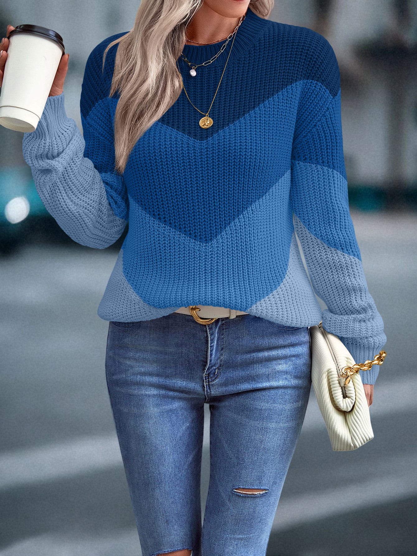 SHEIN LUNE Color Block Chevron Pattern Drop Shoulder Sweater