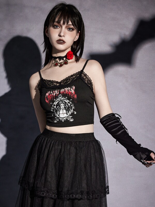 Goth Letter Figure Graphic Contrast Lace Cami Top | SHEIN UK
