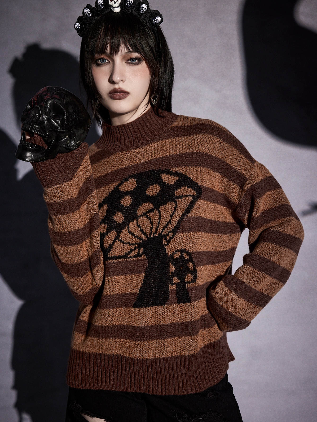 ROMWE Goth Striped & Mushroom Pattern Drop Shoulder Sweater