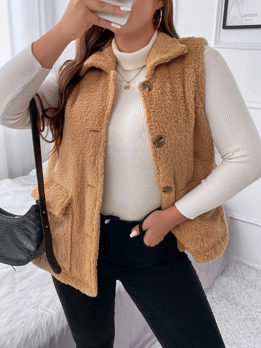 Plus Flap Pocket Flannel Vest Jacket | SHEIN USA