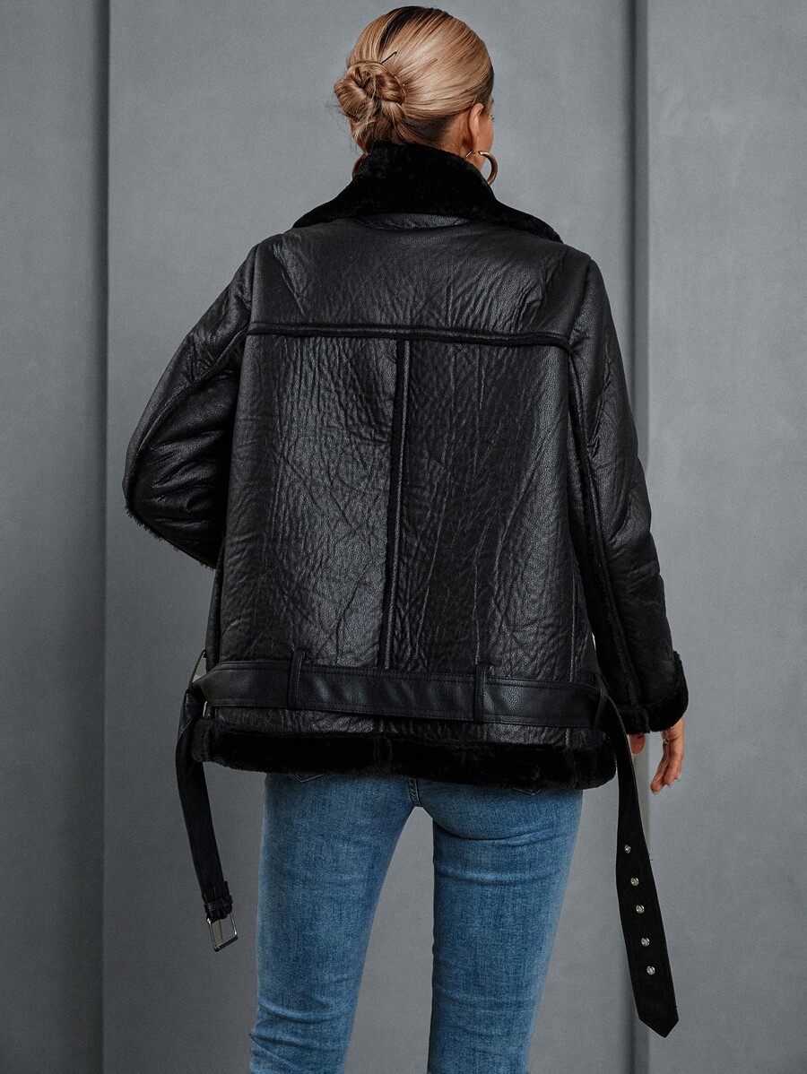 Aveloria Teddy Panel Zip Up Moto Jacket Faux Leather Aviator Jacket ...