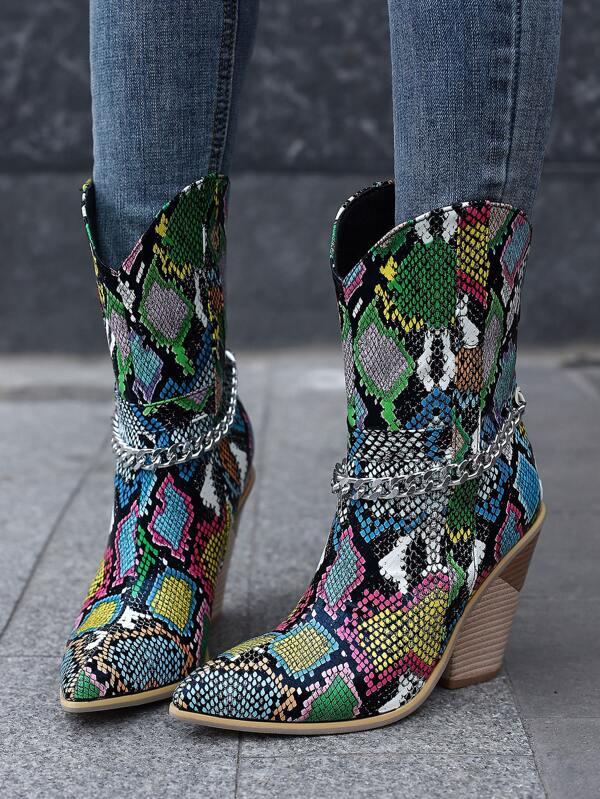 Snakeskin Embossed Chain Decor Point Toe Chunky Heeled Western Boots ...