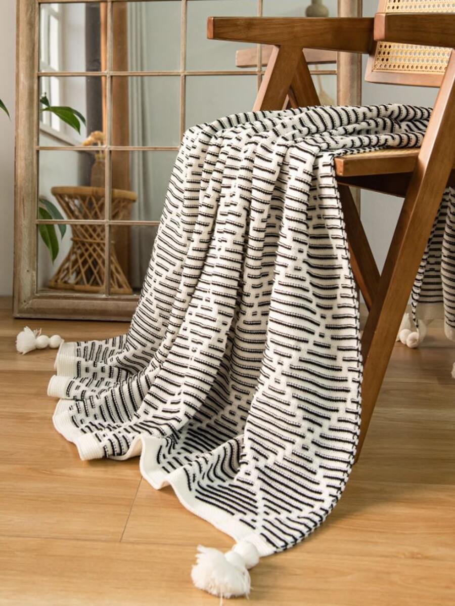 1pc Striped & Geometric Pattern Throw Blanket, Nordic Fabric Tassel ...