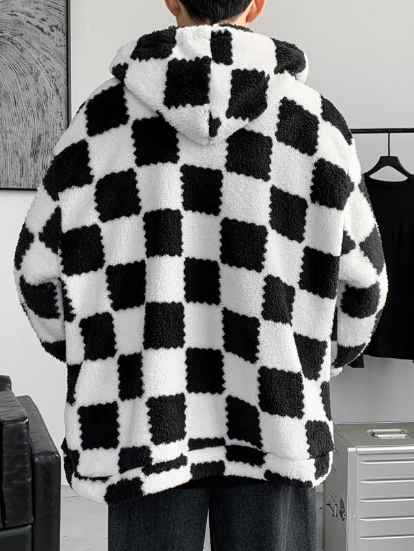 Manfinity Hypemode Men Checker Pattern Drop Shoulder Drawstring Hooded Teddy Jacket | SHEIN USA