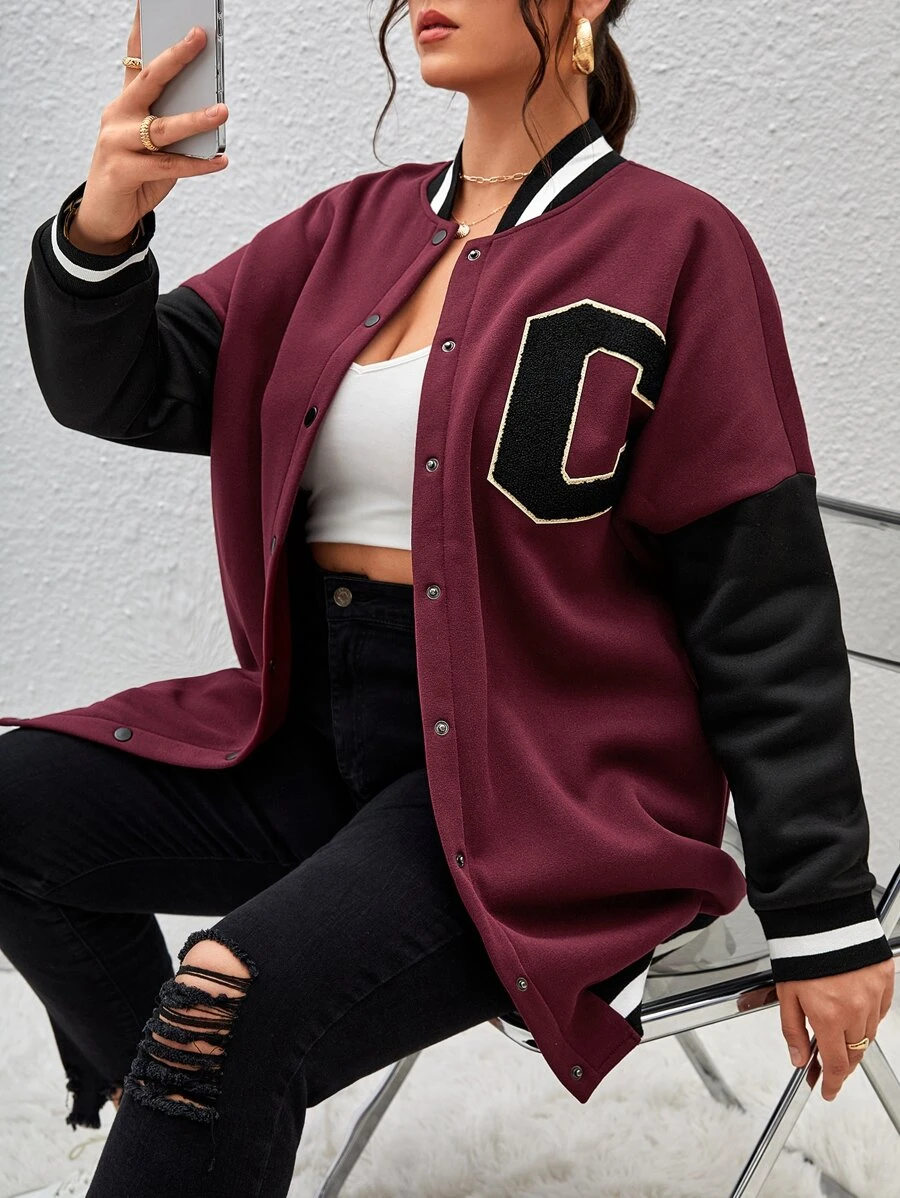 SHEIN EZwear Plus Letter Patched Striped Trim Drop Shoulder Varsity Jacket | SHEIN USA