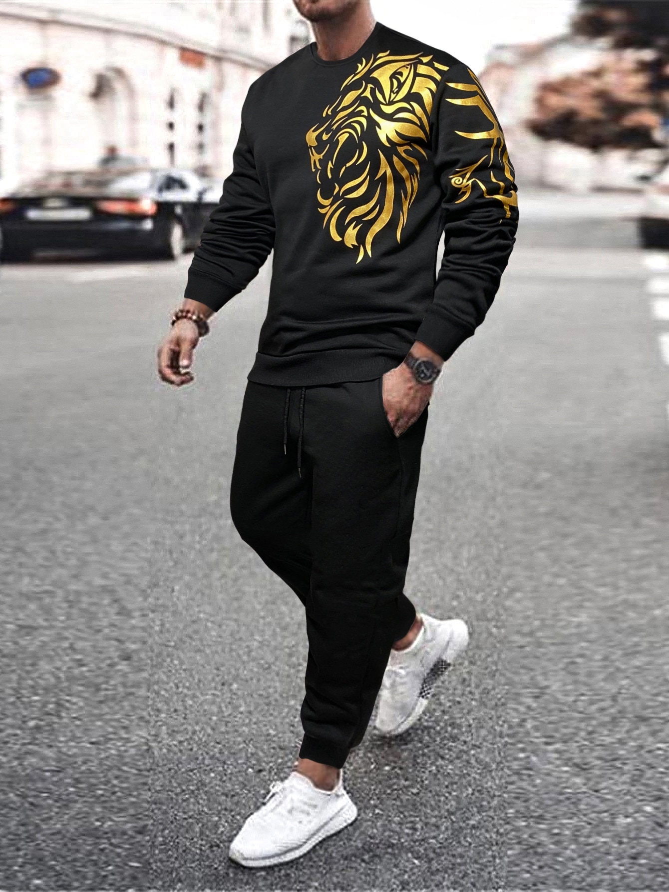 Manfinity LEGND Men Animal Print Sweatshirt & Drawstring Waist ...