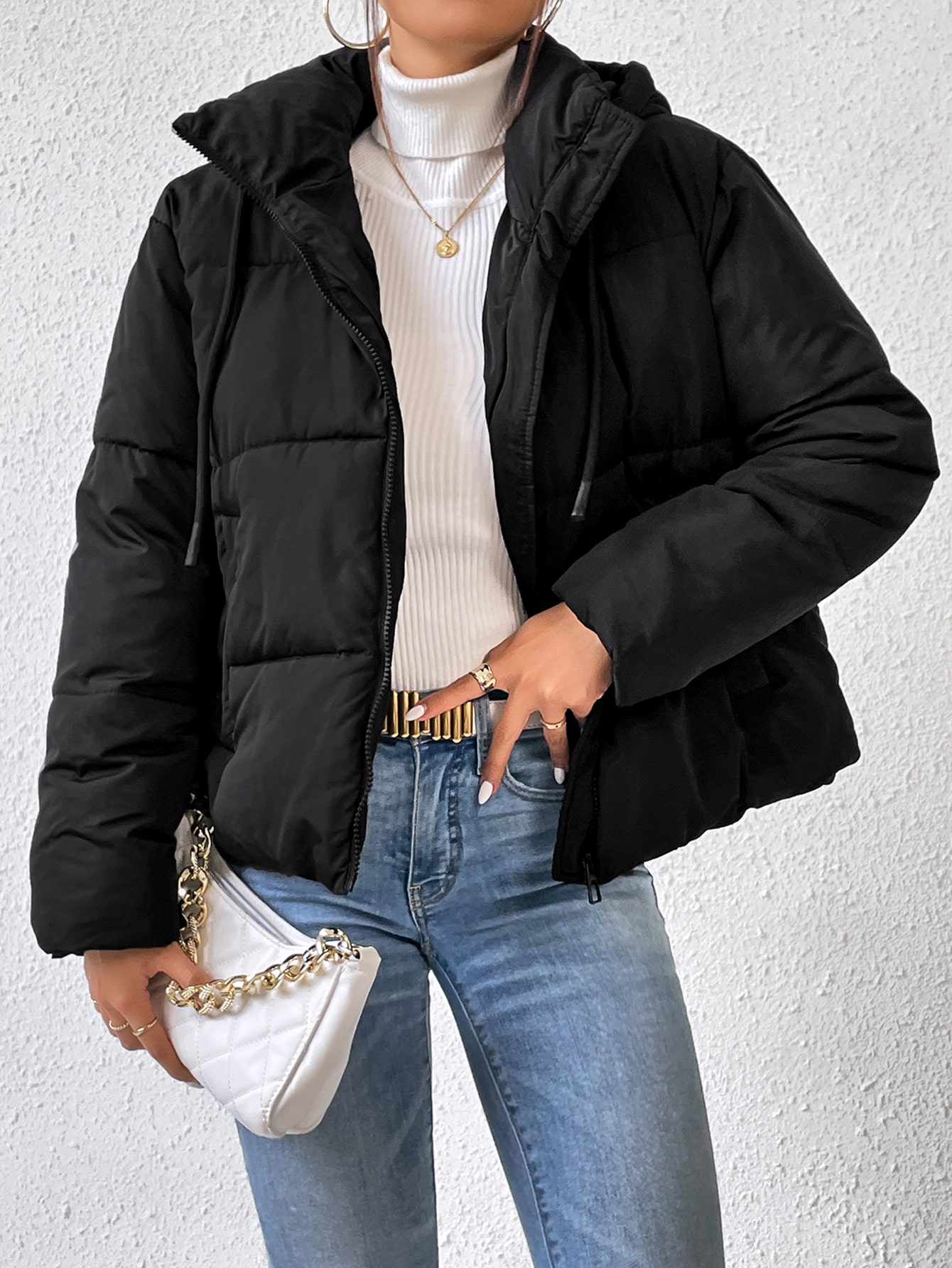 SHEIN Essnce Zip Up Drawstring Hooded Puffer Coat | SHEIN UK