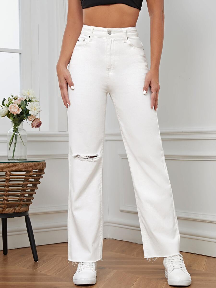 High Waist Ripped Straight Leg Jeans | SHEIN USA