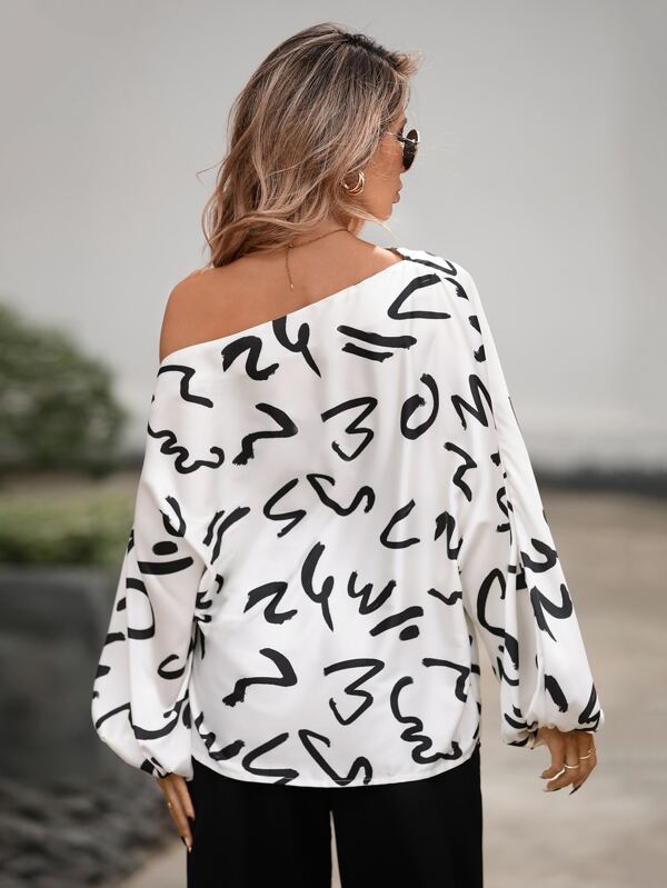 Allover Print Asymmetrical Neck Lantern Sleeve Blouse Shein Usa