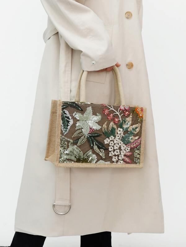 Random Pattern Sequin Embroidery Floral Stitching Linen Tote Bag ...