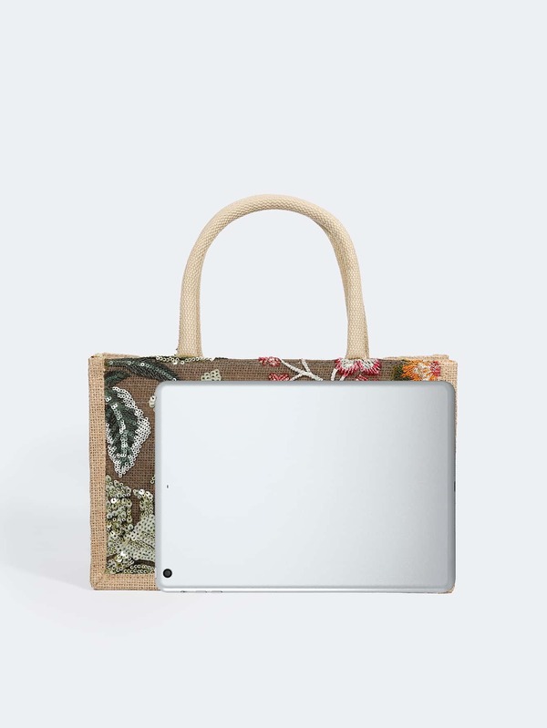 Random Pattern Sequin Embroidery Floral Stitching Linen Tote Bag ...