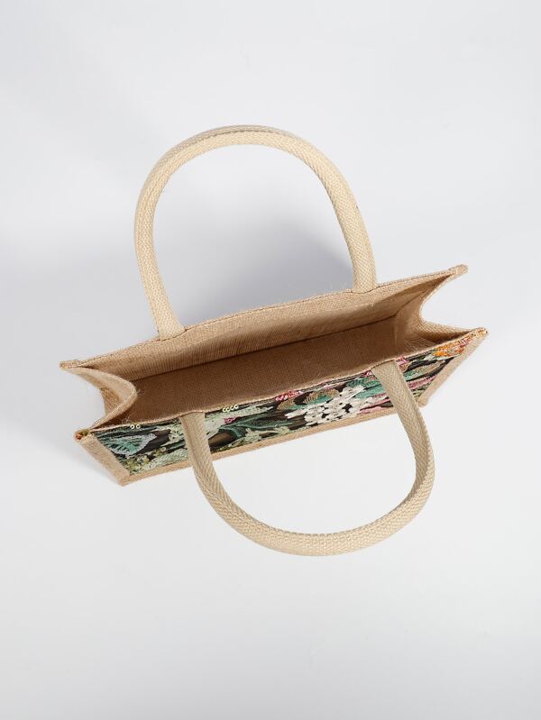 Random Pattern Sequin Embroidery Floral Stitching Linen Tote Bag ...