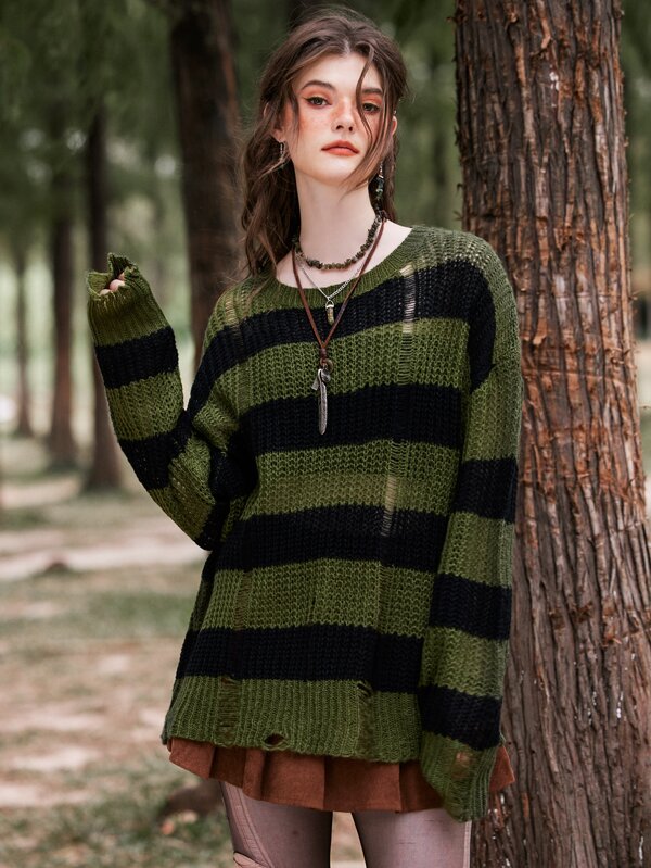 ROMWE Fairycore Striped Pattern Ripped Drop Shoulder Sweater | SHEIN USA