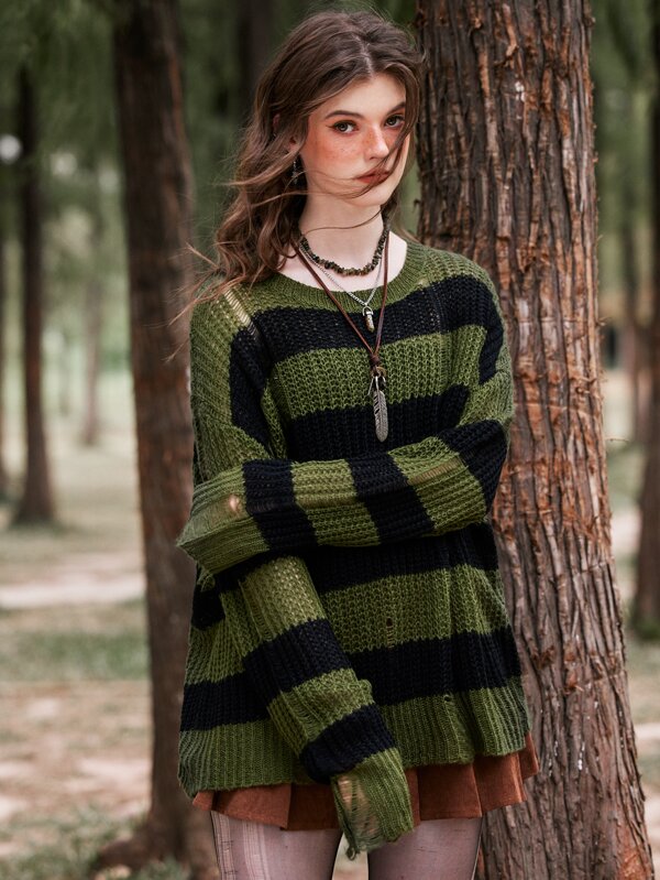 ROMWE Fairycore Striped Pattern Ripped Drop Shoulder Sweater | SHEIN USA