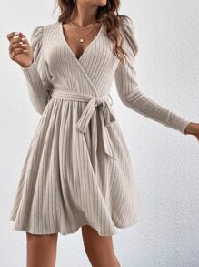 SHEIN Frenchy Surplice Neck Gigot Sleeve Belted Dress | SHEIN USA