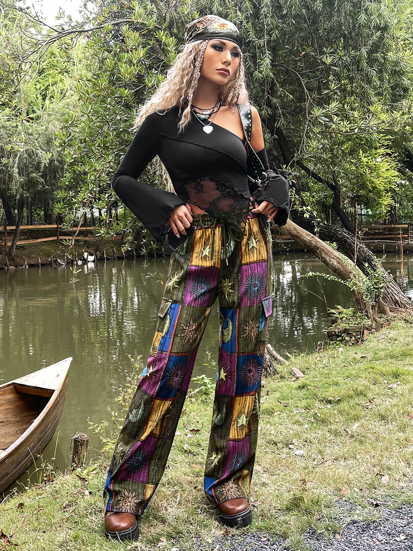 ROMWE PUNK Grunge Patchwork Print Drawstring Waist Cargo Pants | SHEIN USA