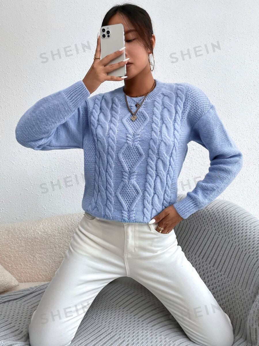 SHEIN Essnce Cable Knit Drop Shoulder Sweater | SHEIN USA