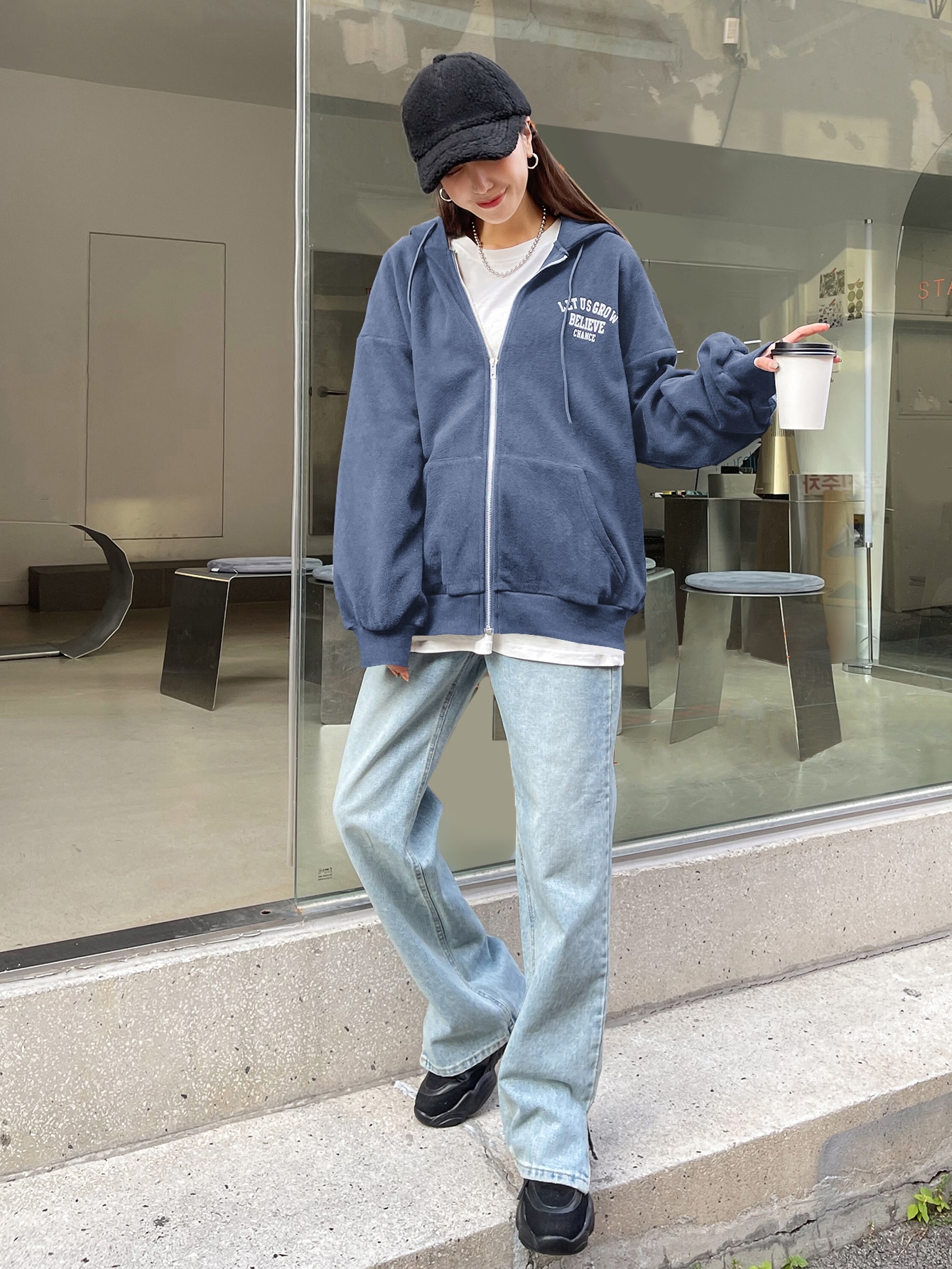 DAZY Kpop Slogan Graphic Drop Shoulder Zipper Drawstring Hooded Fleece ...