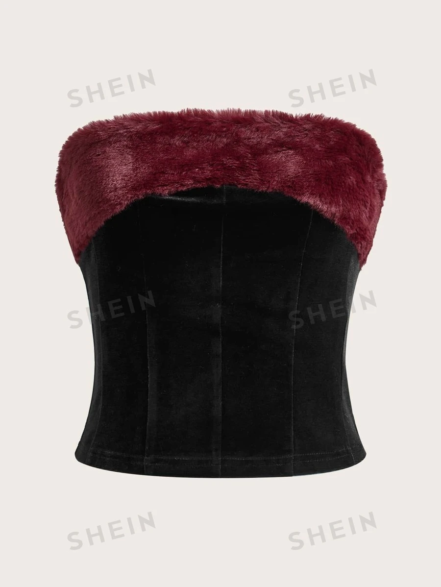SHEIN ICON Fuzzy Trim Velvet Tube Top | SHEIN USA