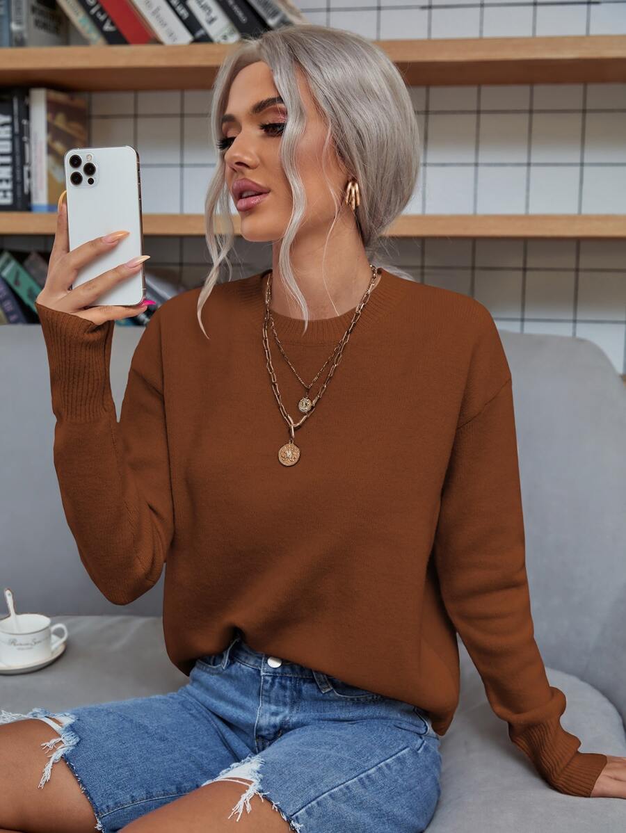 SHEIN Essnce Solid Drop Shoulder Sweater | SHEIN USA