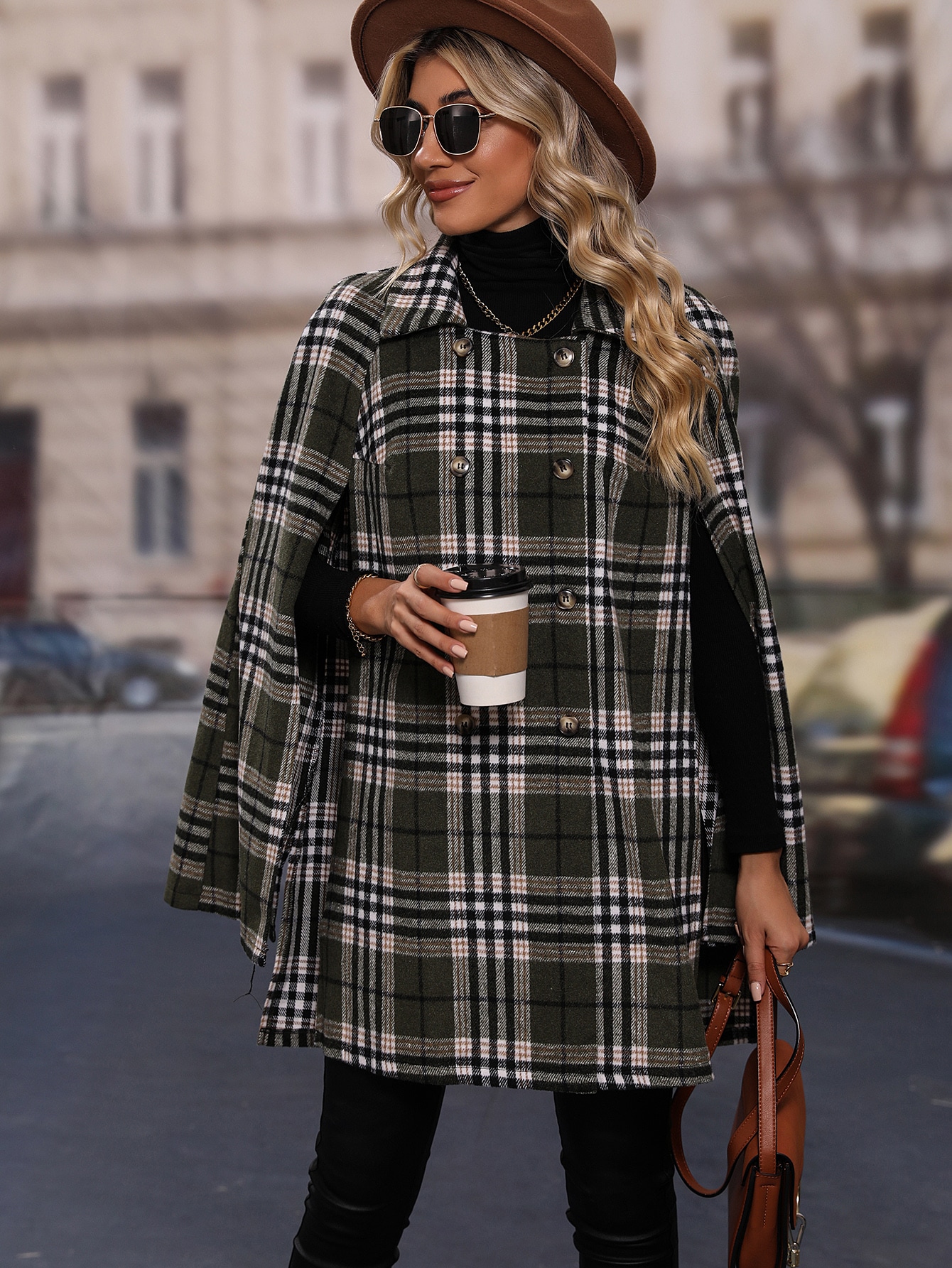 Plaid Print Cloak Sleeve Double Breasted Overcoat | SHEIN USA