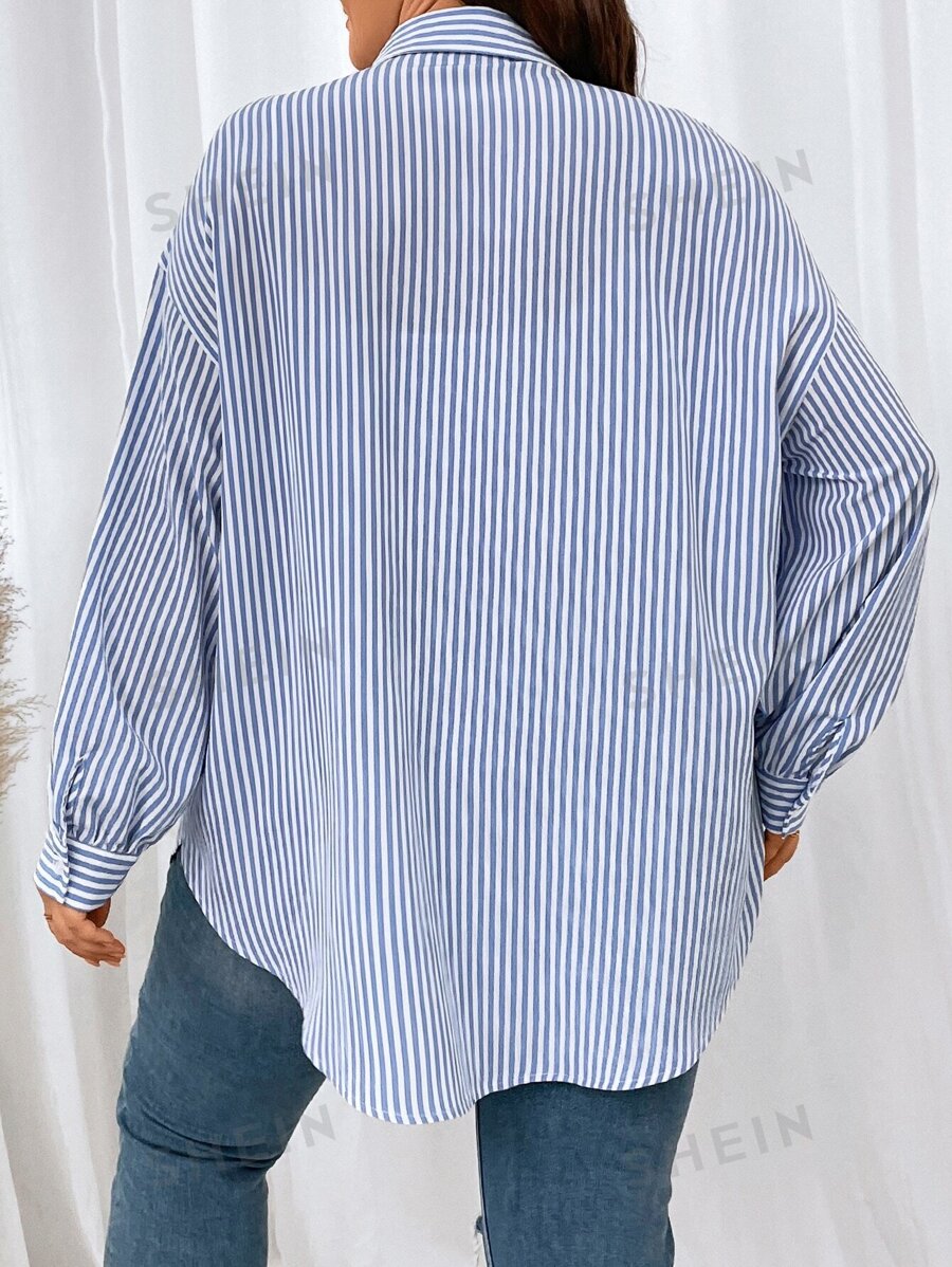 SHEIN EZwear Plus Striped Print Drop Shoulder Shirt | SHEIN USA
