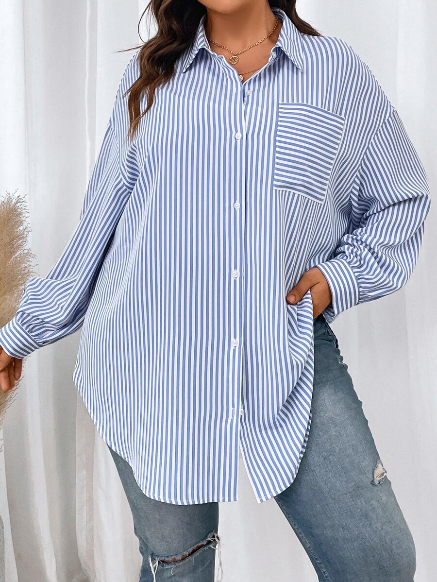 SHEIN EZwear Plus Striped Print Drop Shoulder Shirt | SHEIN USA