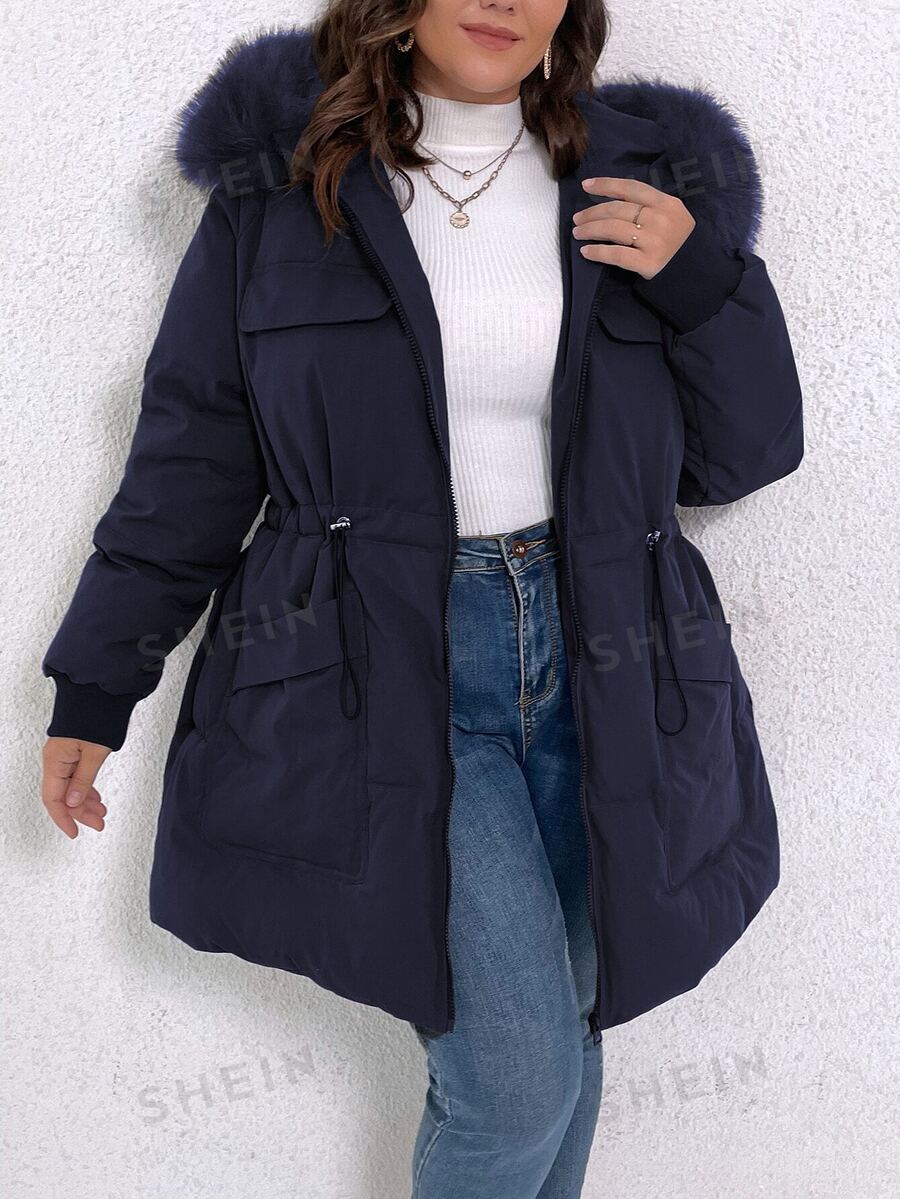 SHEIN Essnce Plus Drawstring Waist Fuzzy Trim Hooded Parka Coat | SHEIN UK