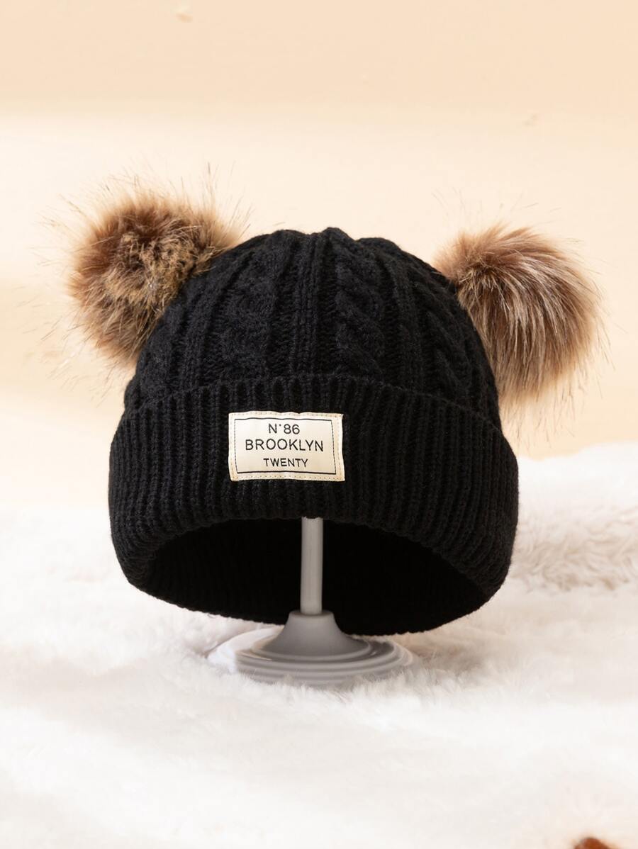 1pc Women's Black Thick Knitted Beanie Hat With Dual Pom Poms For ...