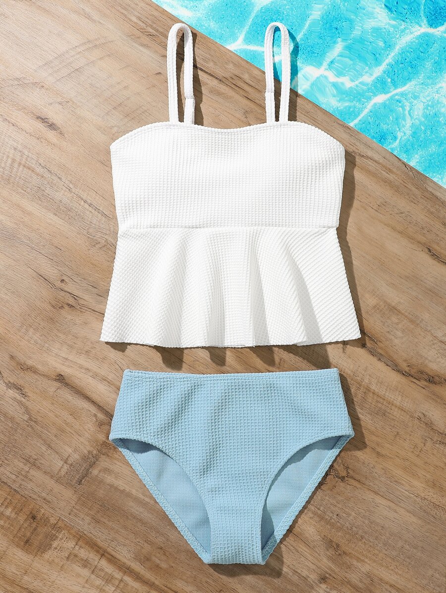 Tween Girl Color Block Ruffle Hem Tankini Summer Beach | SHEIN USA