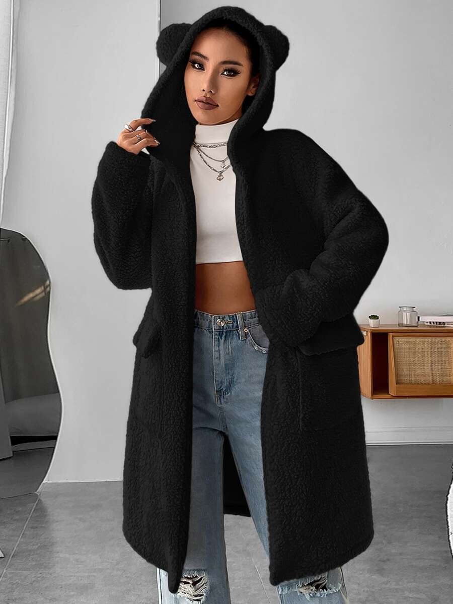 SHEIN EZwear Flap Pocket Drop Shoulder 3D Ear Design Hooded Teddy Coat ...