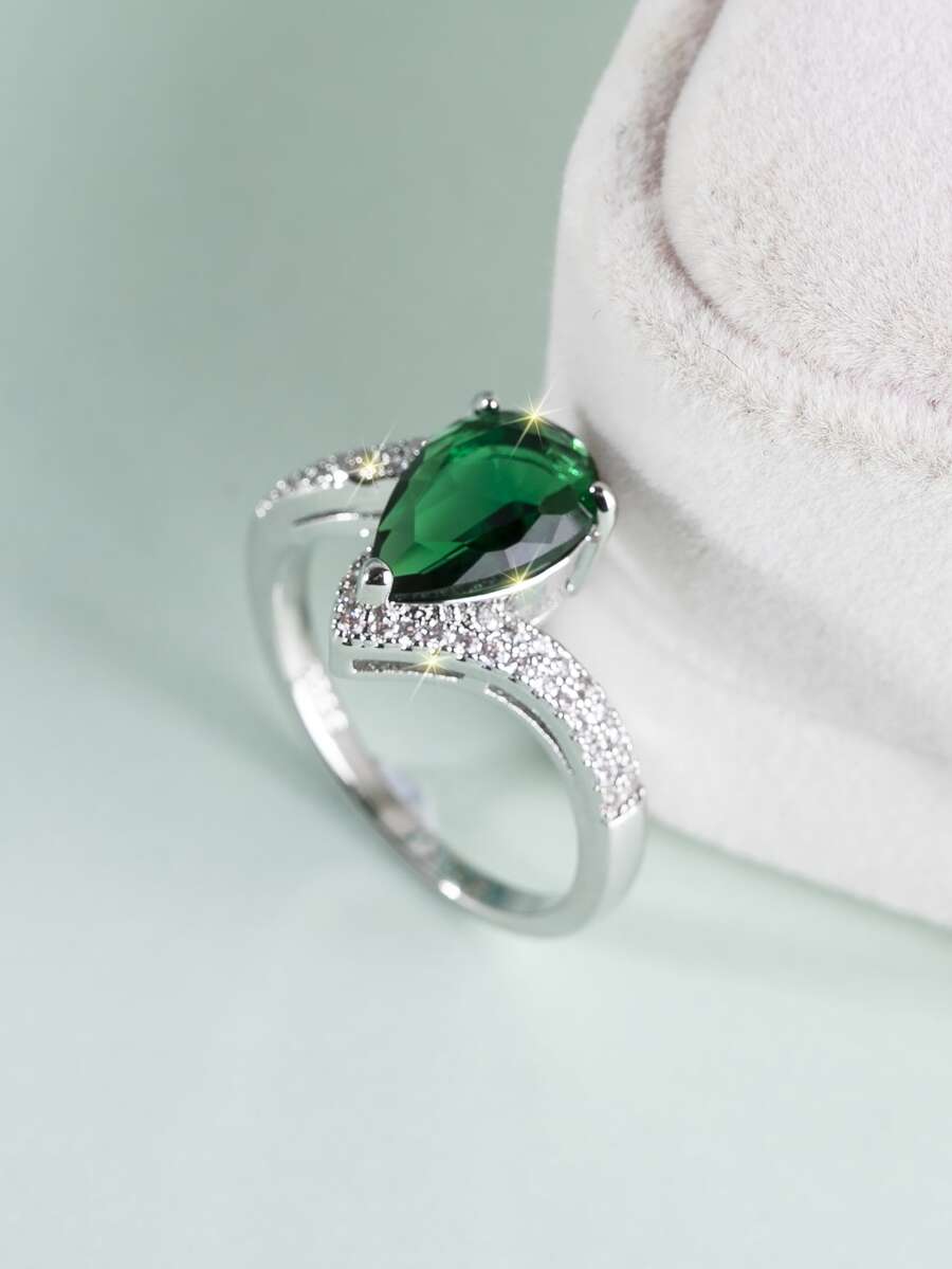 1PC Drop Water Trendy Green Cubic Zirconia Silver Color Ring For Women ...